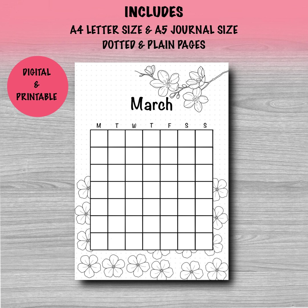 Printable Monthly Calendar – Floral Black and White Planner Sheet ...
