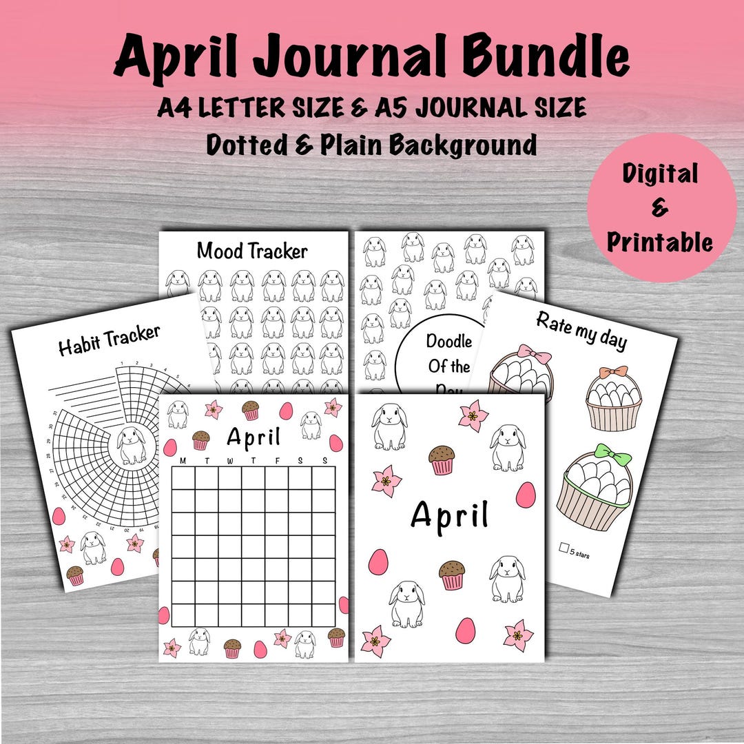 April Journal Bundle Printable Bunny Planner A4 A5 Mood Tracker Habit ...
