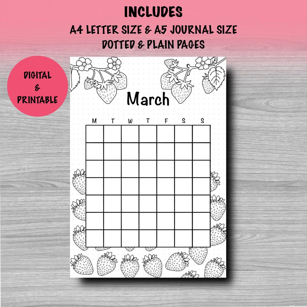 Strawberry Calendar Printable Monthly Planner Insert Black and White ...