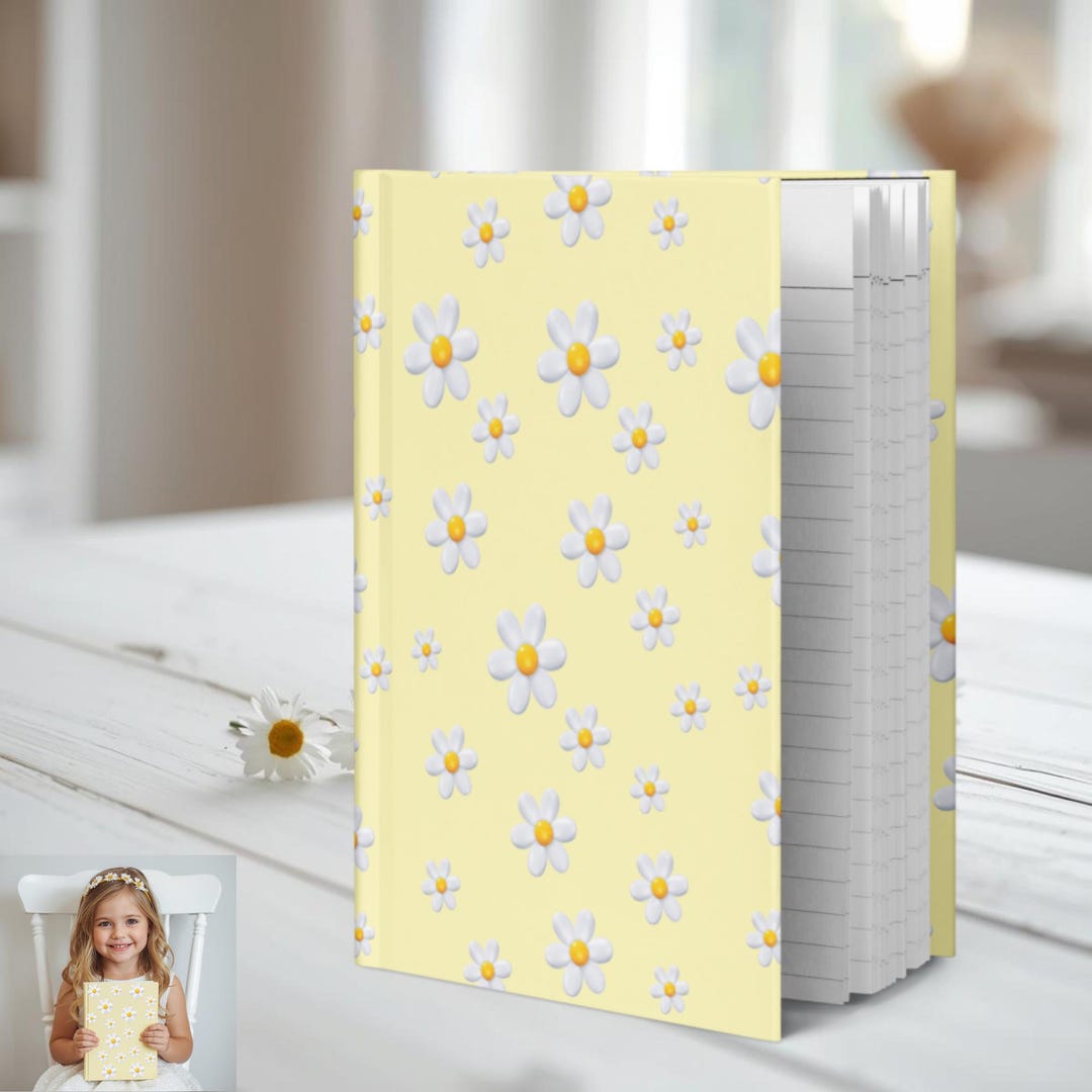 White Daisy Hardcover Notebook, Floral Lined Page Journal, Flower Print ...
