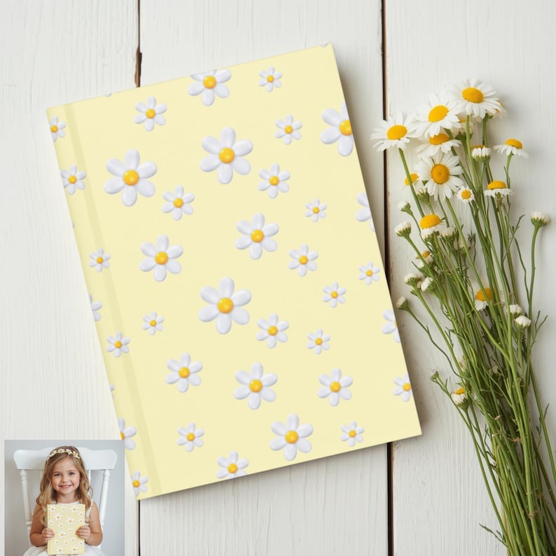 White Daisy Hardcover Notebook, Floral Lined Page Journal, Flower Print ...