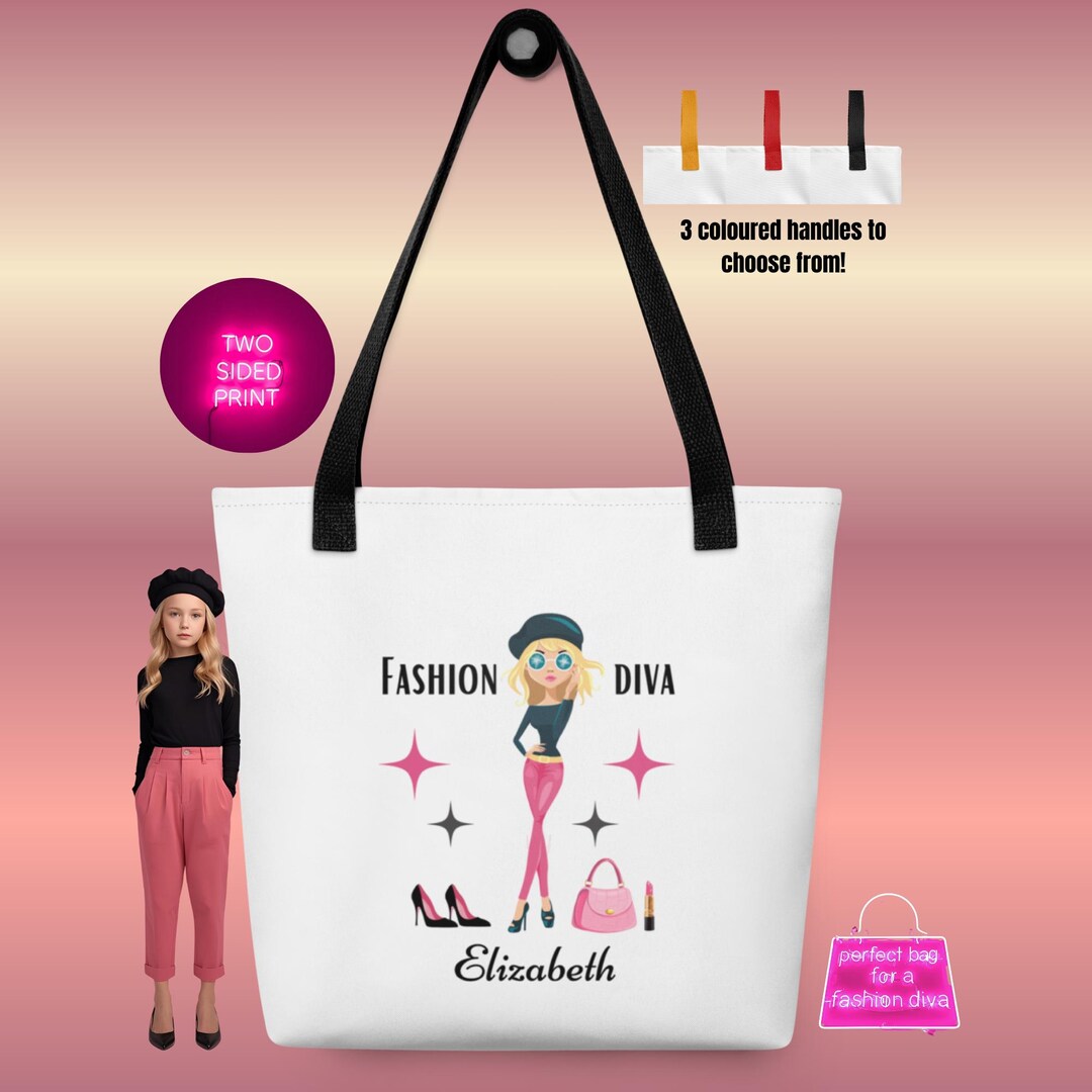 Personalised Tote Bag, Fashion Diva Front Back Print Reusable Polyester ...