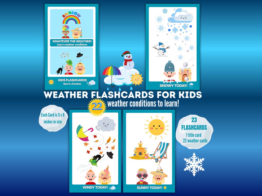 Weather Flashcards for Kids Printable Educational Tool, Home, Preschool ...