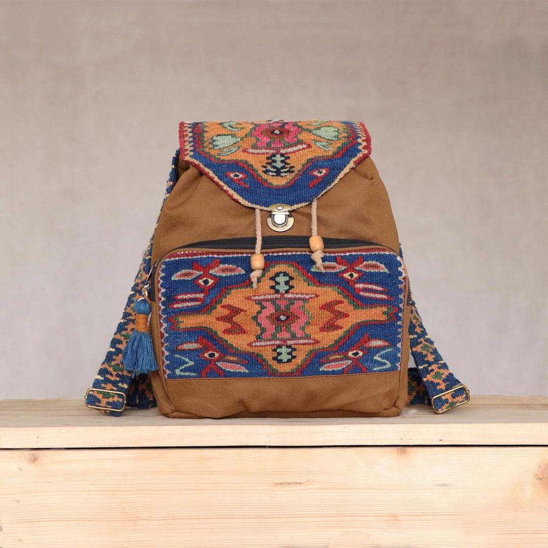 Handwoven Kurdish Rug Backpack, Traditional Kilim Rucksack, Floral Boho ...
