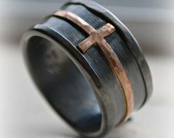 mens cross wedding band rustic hammered cross ring oxidized | Etsy