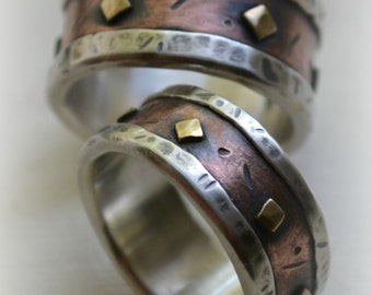 rustic wedding ring set fine silver and copper and brass | Etsy