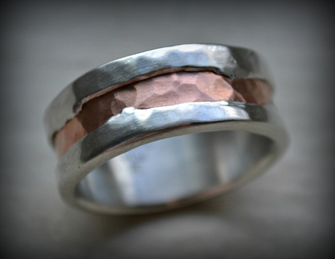 Rustic Fine Silver and Copper Wedding Ring - Handmade Hammered Artisan ...