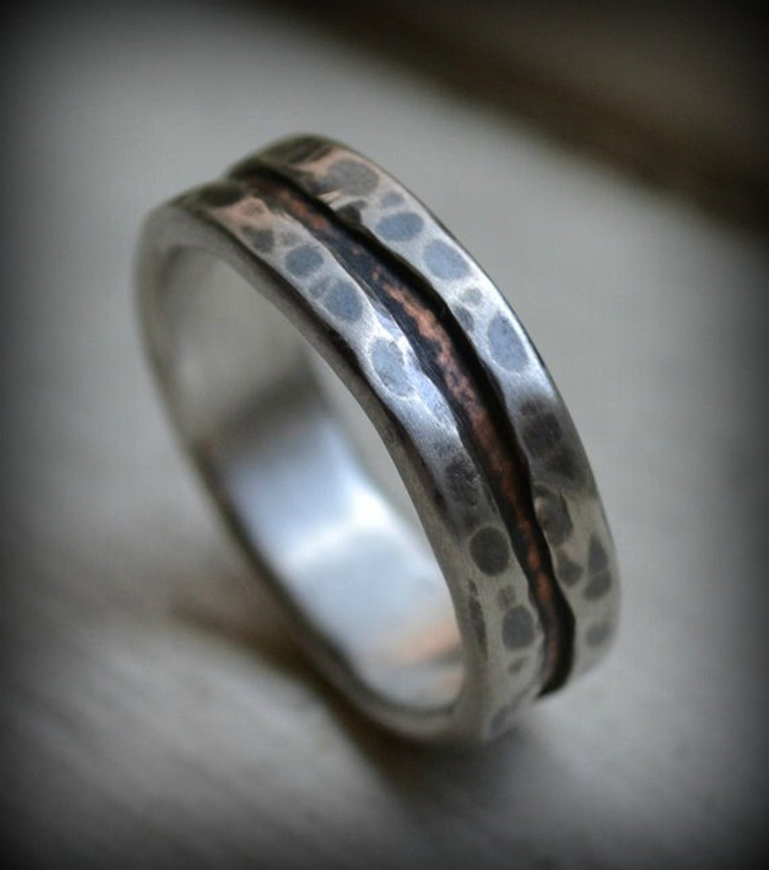 Mens Wedding Band, Rustic Fine Silver and Copper - Handmade Oxidized ...