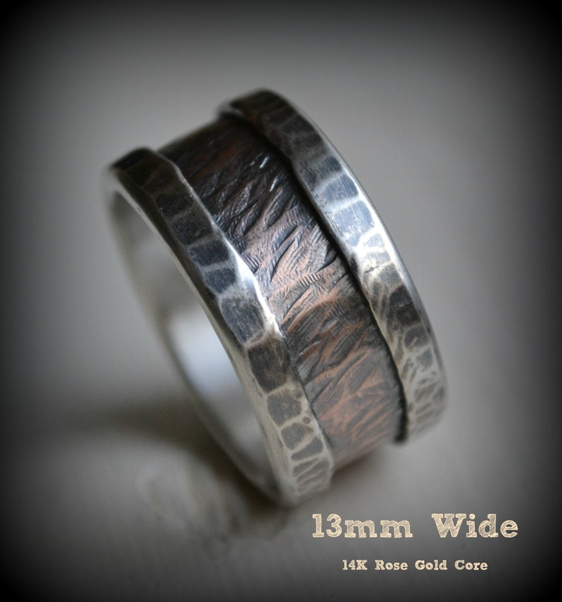 Rustic Wedding Ring Set Fine Silver and 14K Rose Gold | Etsy