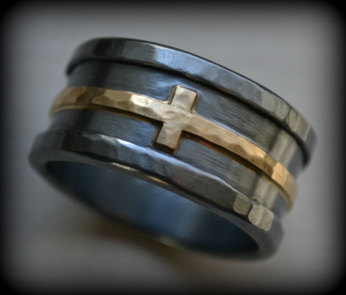 Mens Cross Wedding Band Rustic Hammered Cross Ring Oxidized | Etsy