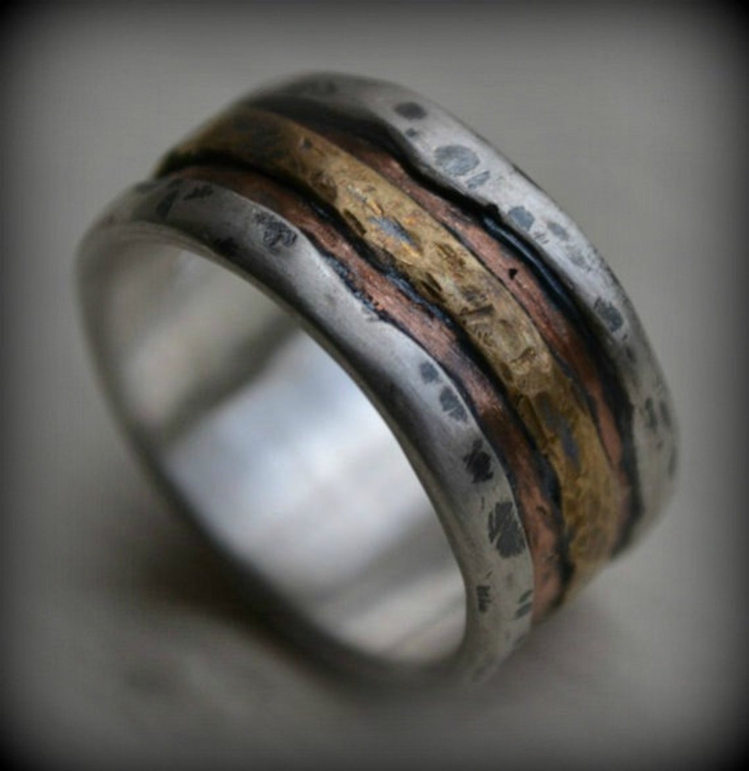 Mens Wedding Band - Rustic Fine Silver Copper and Brass or 14K Gold ...