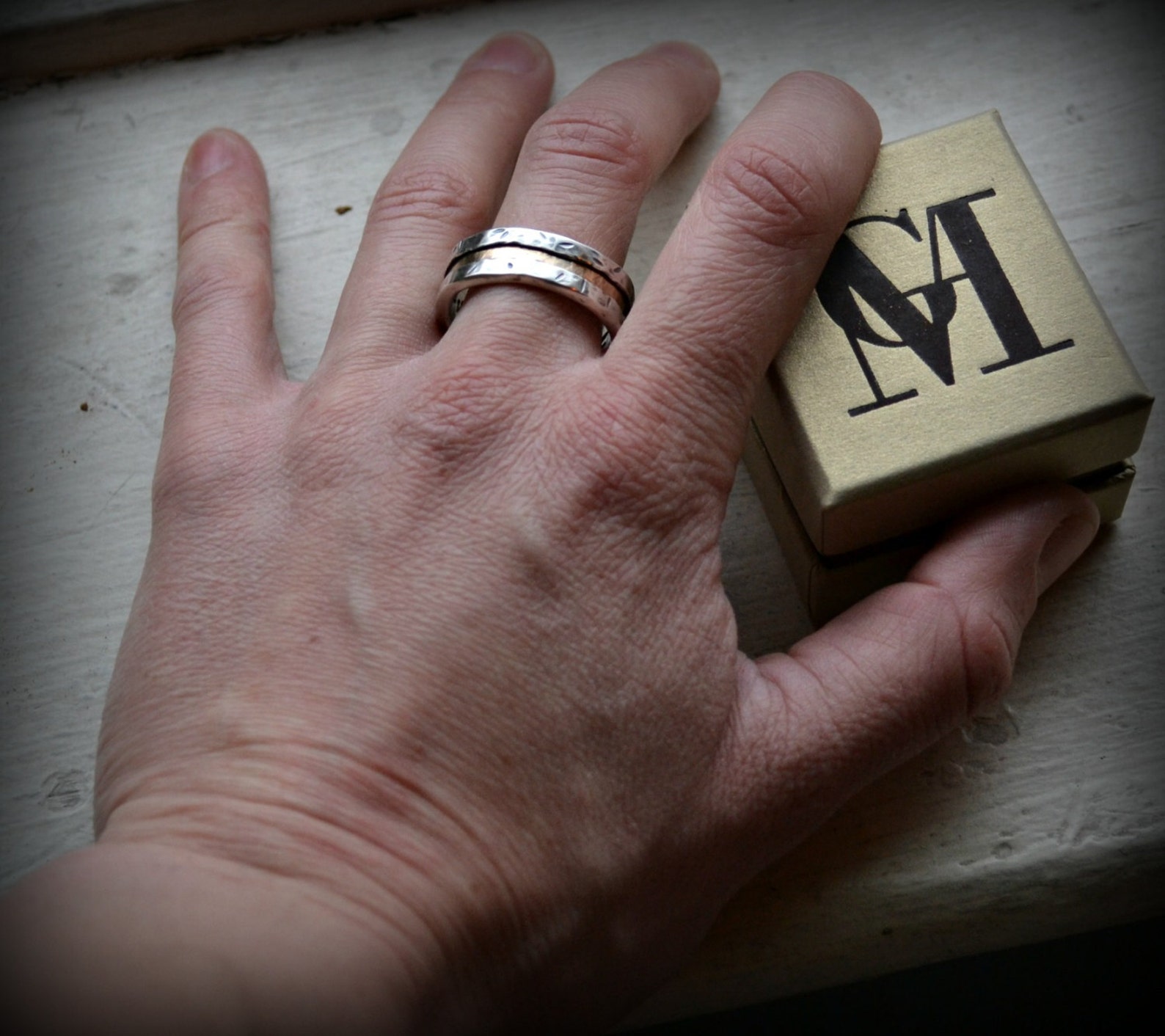 Mens Wedding Band Rustic Distressed Fine Silver and 14k - Etsy