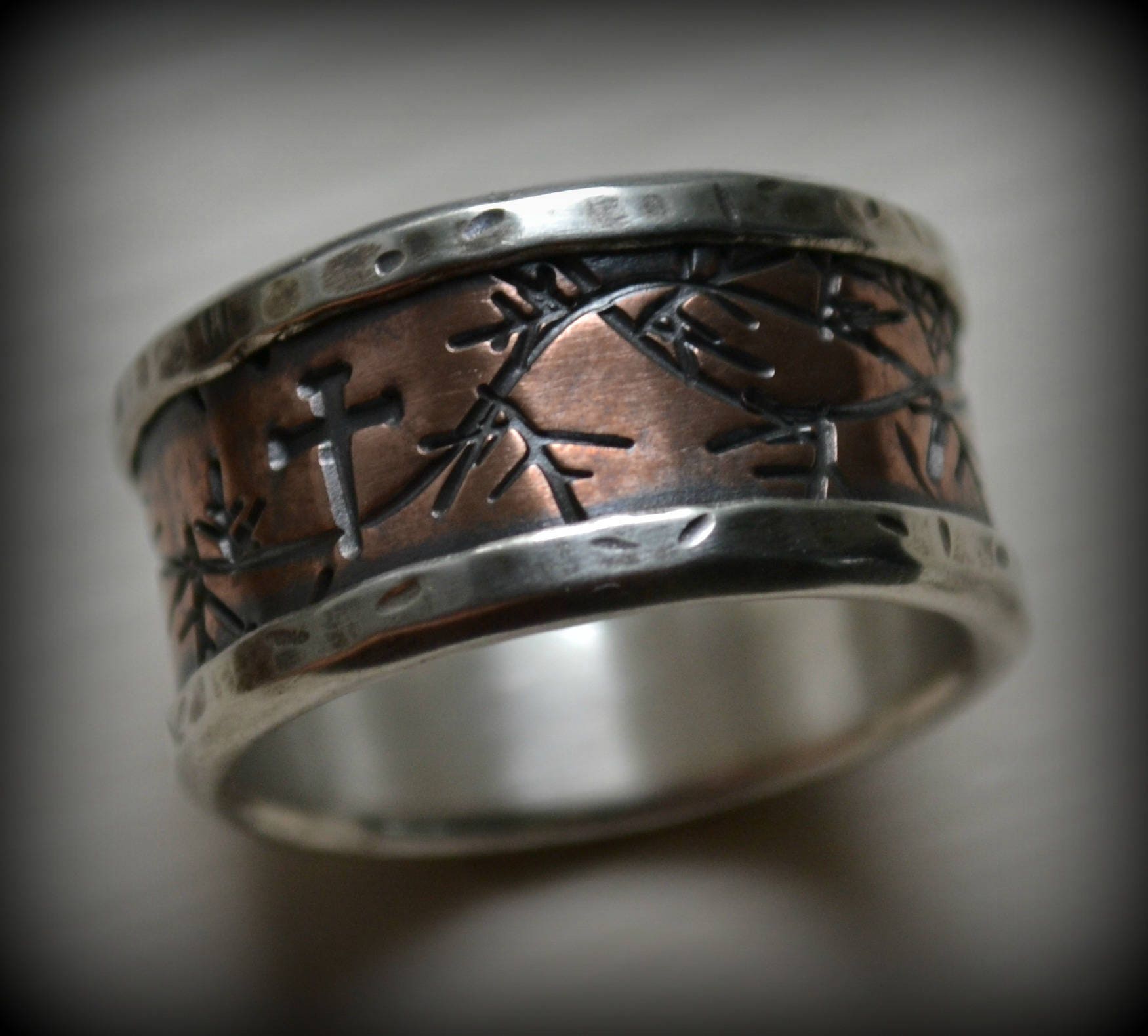 Mens wedding band rustic fine silver and copper crown of | Etsy