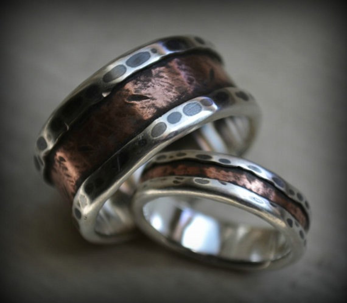 Rustic Wedding Ring Set - Fine Silver and Copper - Handcrafted - Custom ...