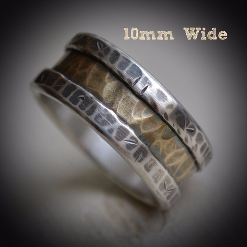 Mens Wedding Band, Rustic Distressed Fine Silver and Brass Ring, Wide ...