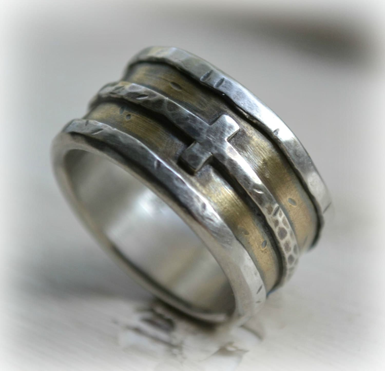 Mens Wedding Band - Rustic Fine Silver Brass and Sterling Silver Cross ...