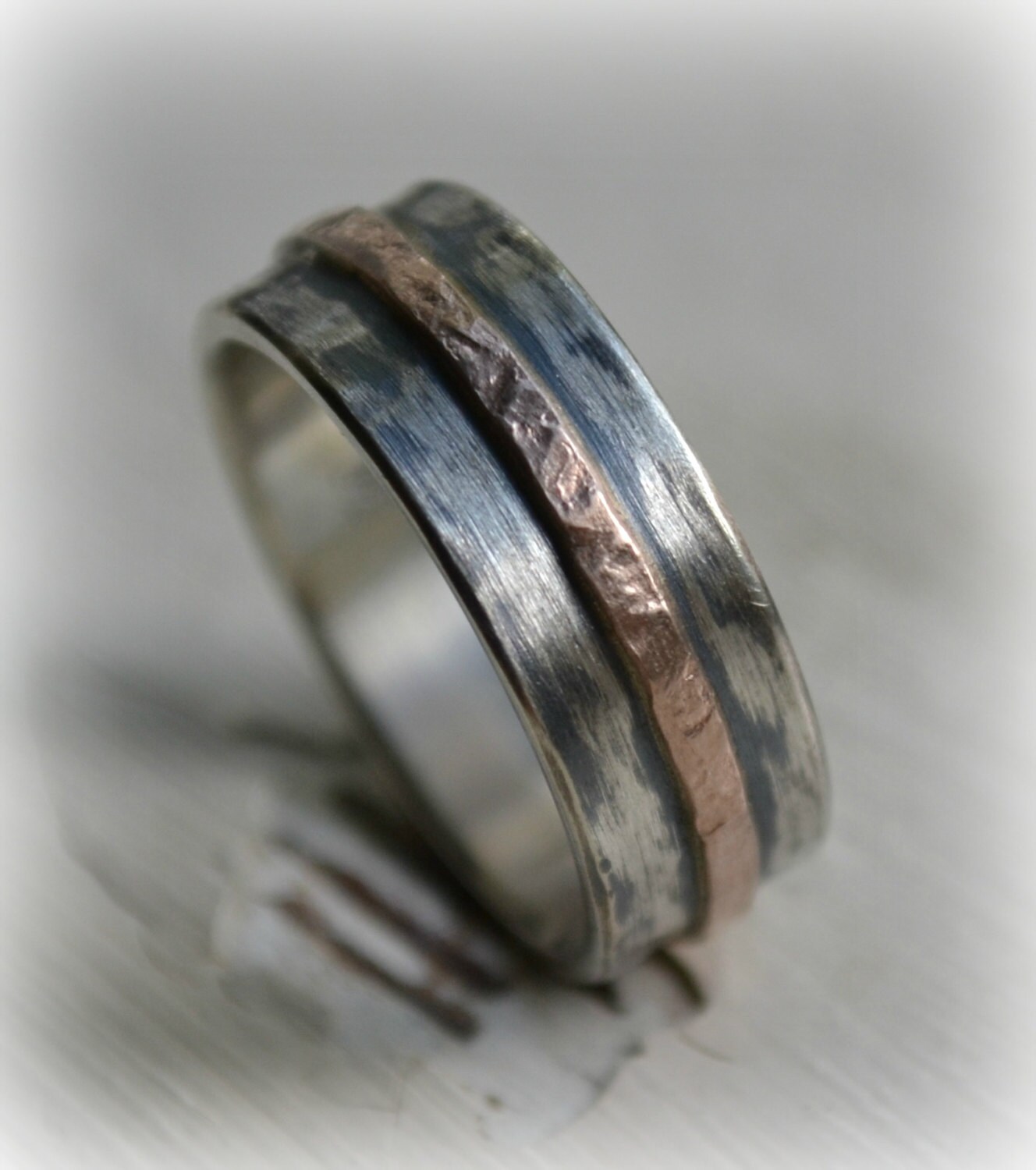 Rustic unisex wedding band .925 sterling silver and 14K rose | Etsy