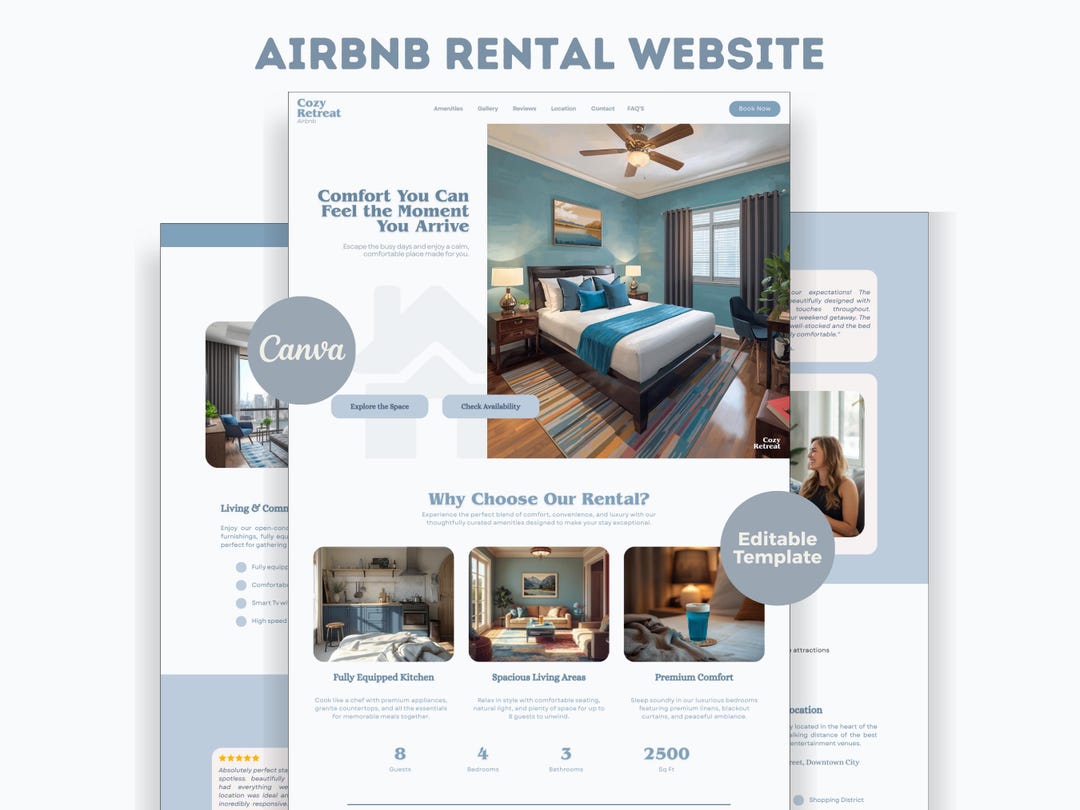 Blue Airbnb Website Template Theme Minimalistic Condo Rental Property ...