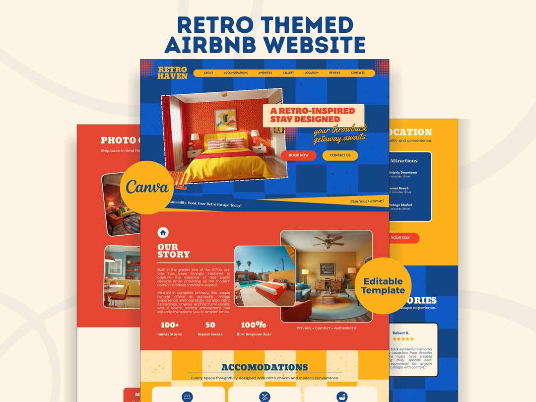 Retro Airbnb Canva One Full Website Template Editable Vacation Rental ...