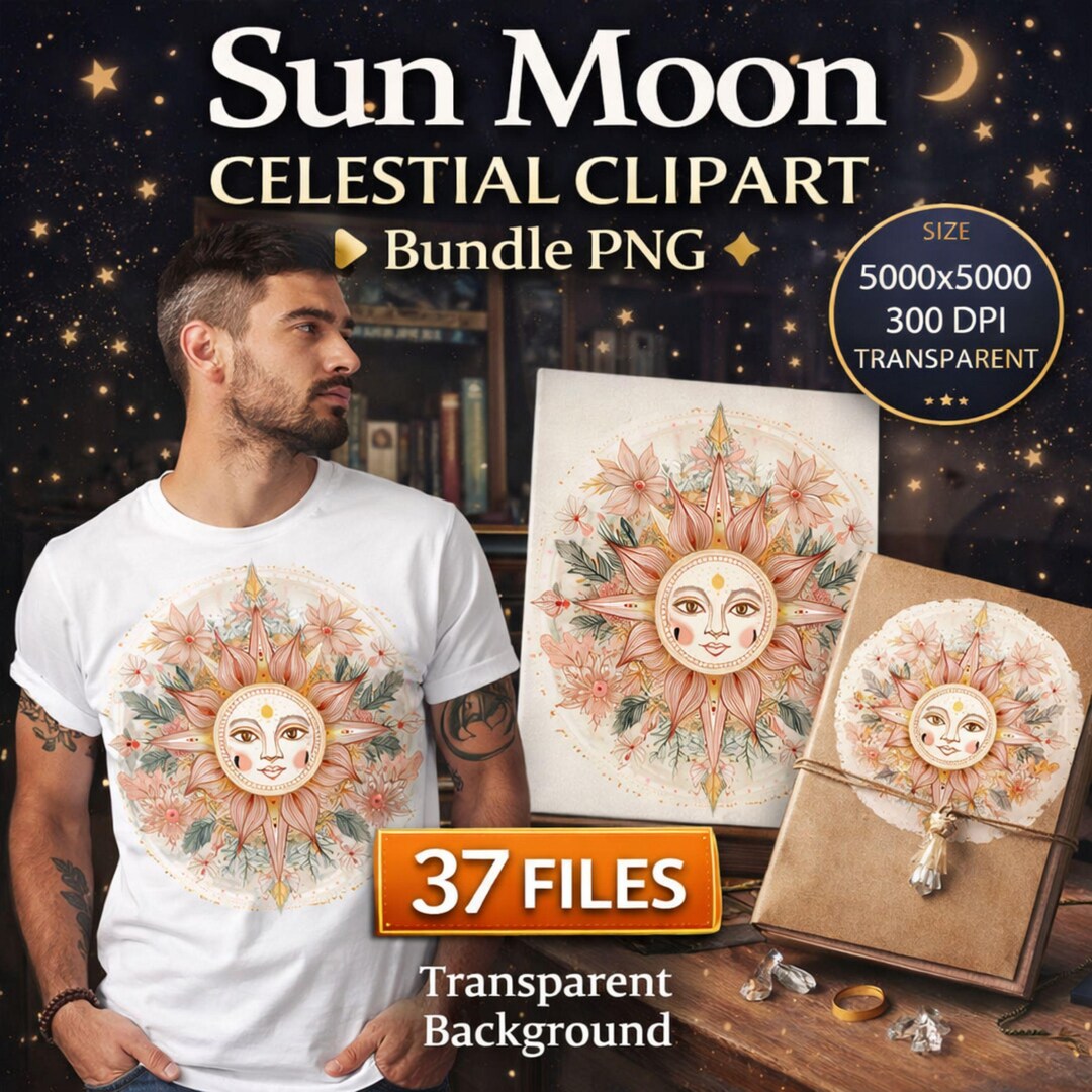Sun Moon Celestial Clipart | Boho Astrology PNG Bundle (digital ...