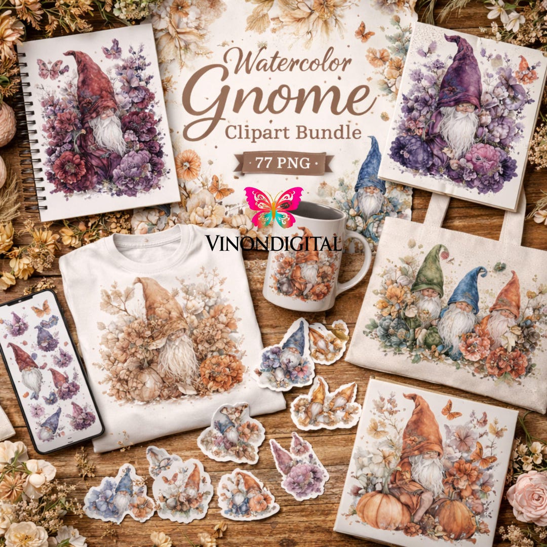 Watercolor Gnome Clipart Bundle | Floral Fantasy PNG (300 DPI) - Etsy