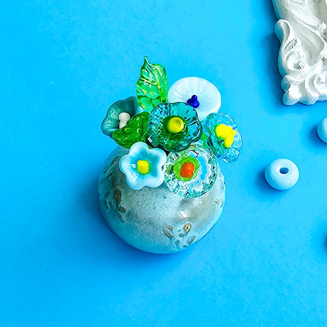 Miniature Glass Flower Bouquet With Miniature Ceramic Vase, Flower ...