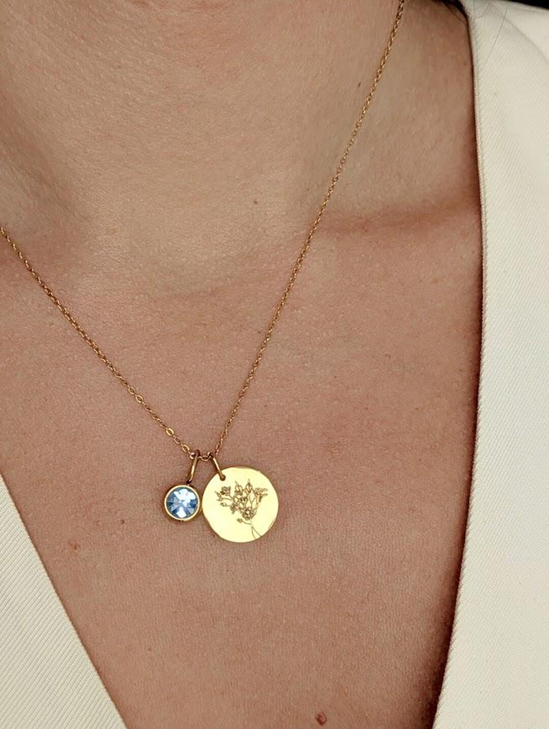 Birthstone & Birth Flower Necklace March, Daffodil or Cherry Blossom ...