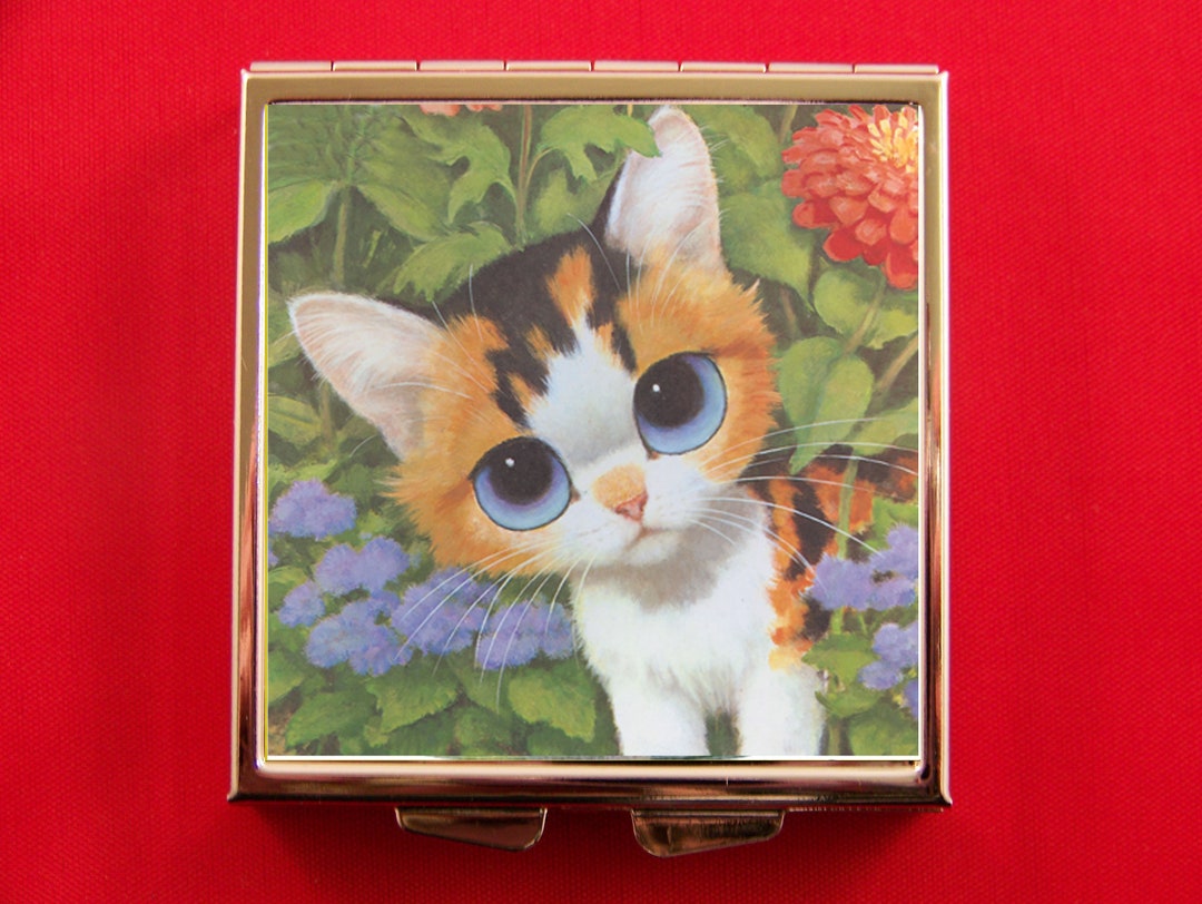 Pill Box Adorable Kitty Calico in Flowers From the Big Eye Collection ...