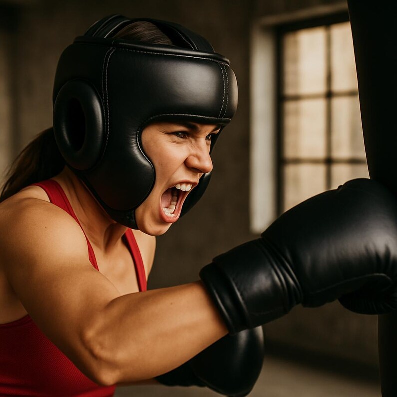 Premium Black Leather Boxing Helmet - Headgear for Training, Sparring ...
