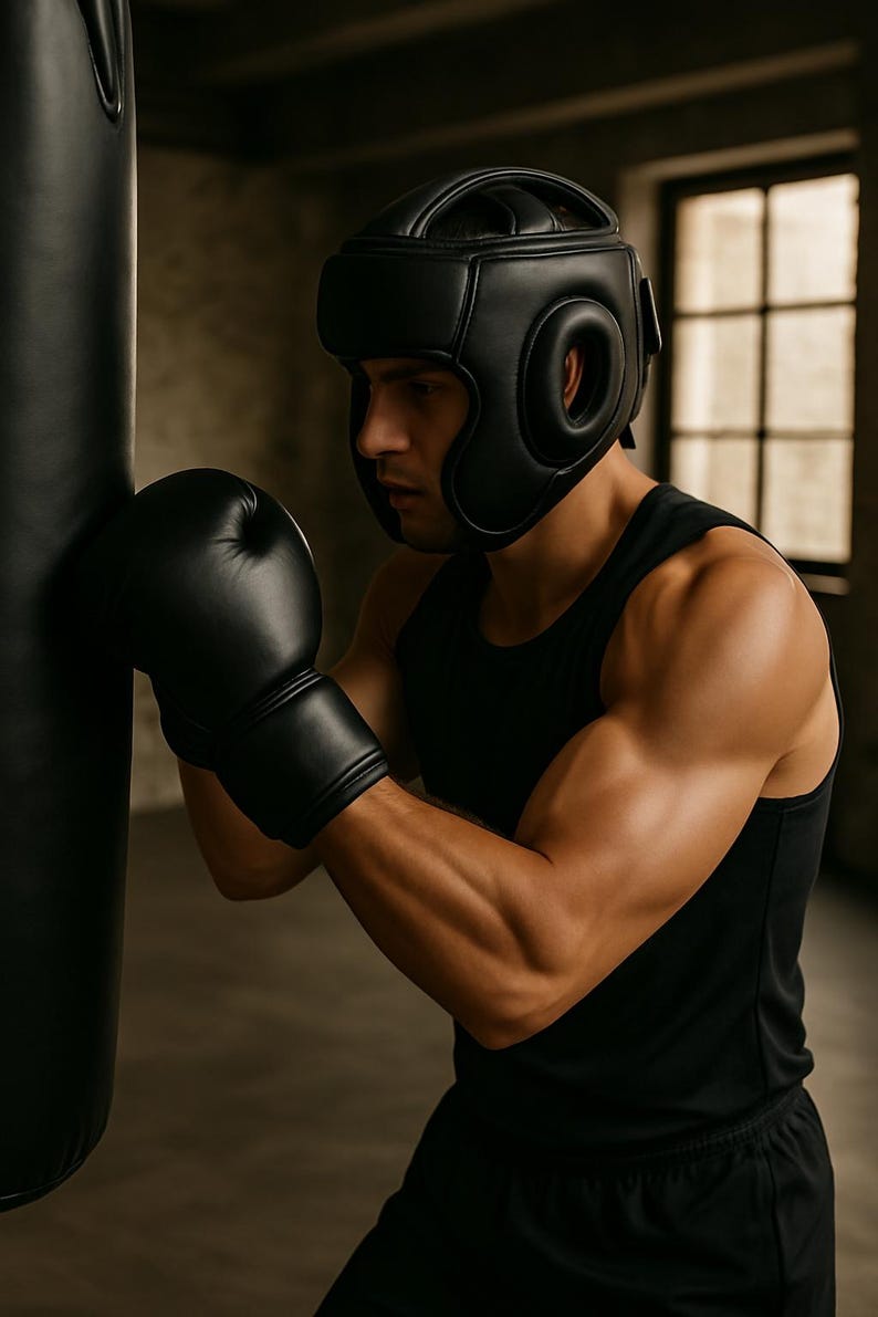 Premium Black Leather Boxing Helmet - Headgear for Training, Sparring ...