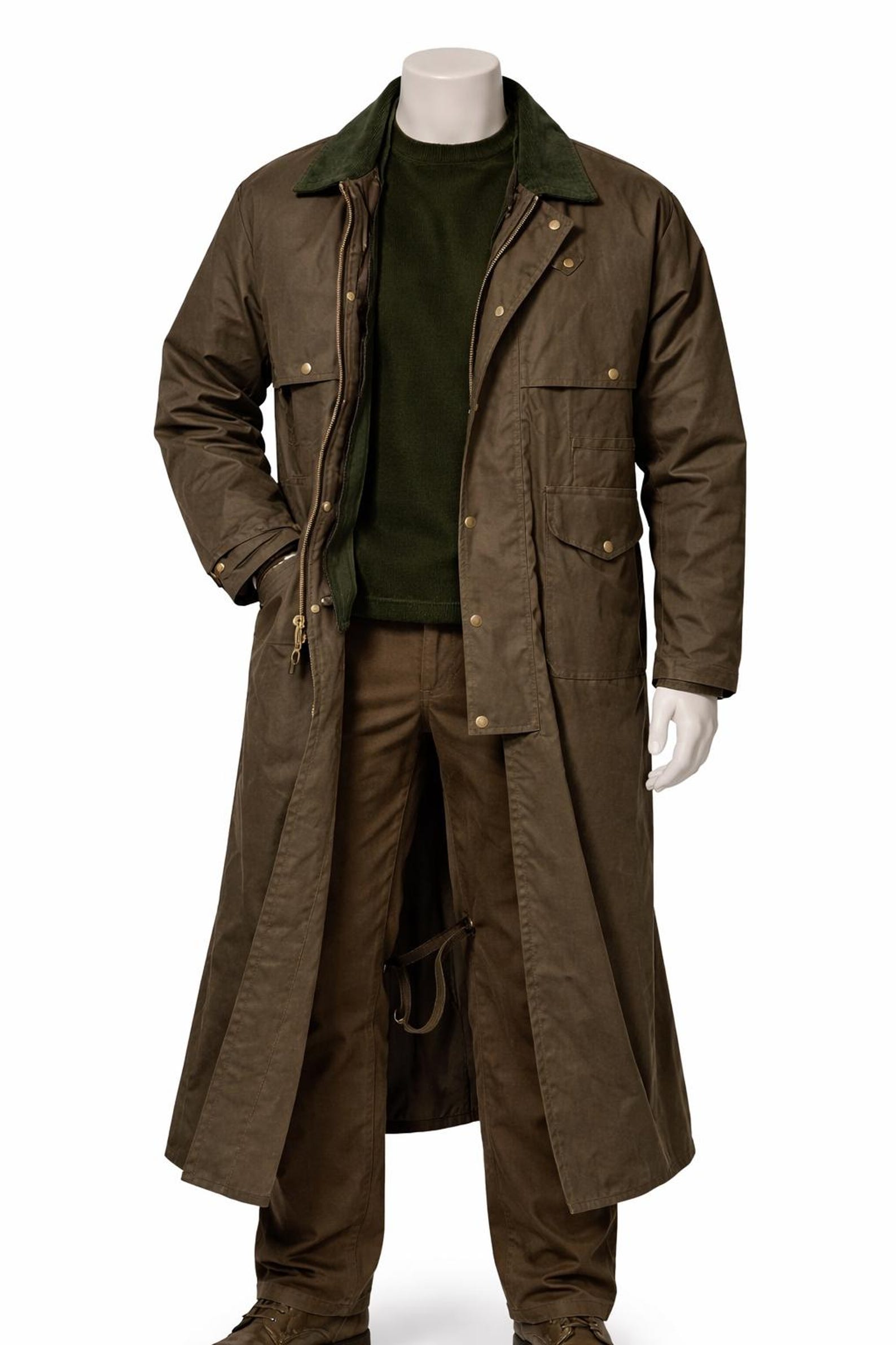 Men's Olive Waxed Cotton Duster Coat | Waterproof Western Long Trench ...