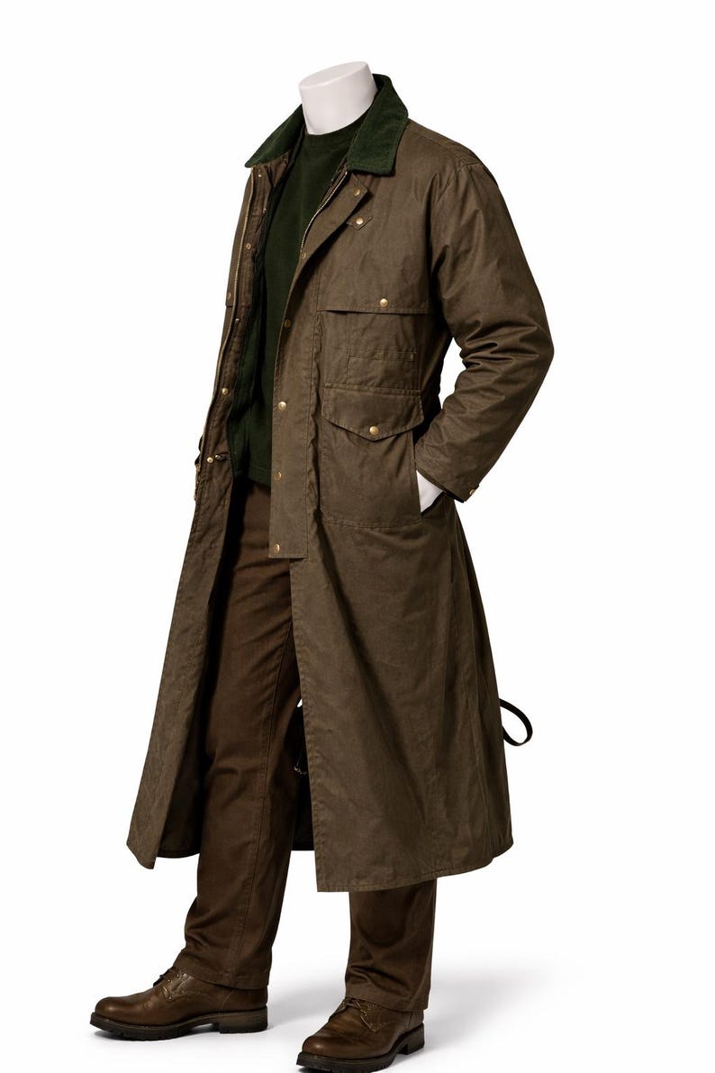 Men's Olive Waxed Cotton Duster Coat | Waterproof Western Long Trench ...