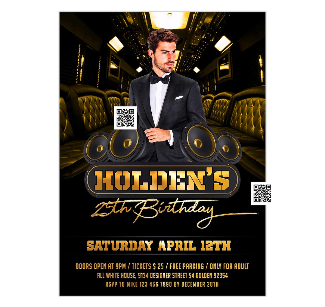 Gold Party Bus Invite Design, Party Bus Birthday Invitation, Party Bus ...