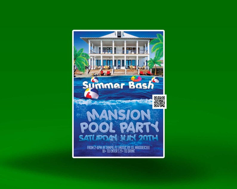 Mansion Pool Party Invitation, Summer Bash Mansion Flyer, House Pool ...