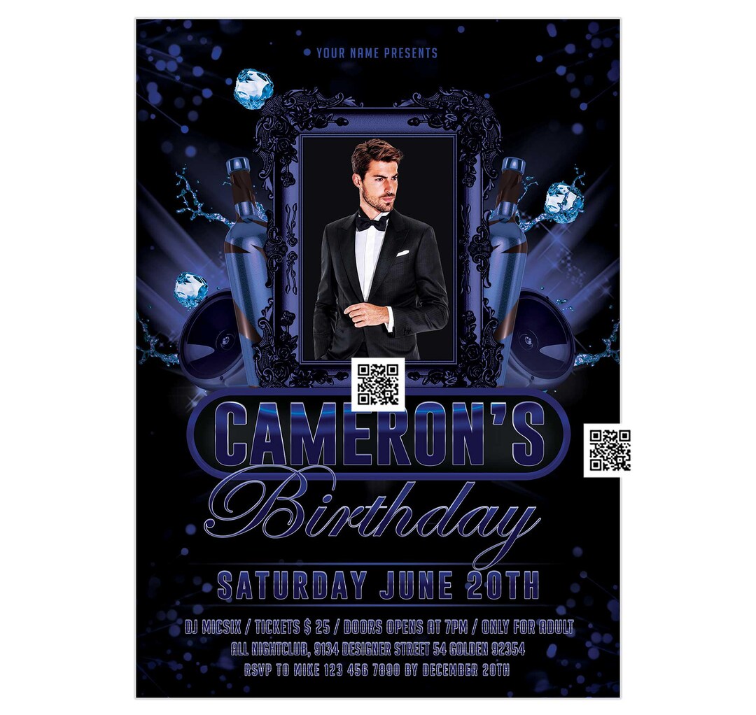 Navy Blue Birthday Party Flyer, Adult Blue Birthday Bash Invitation ...