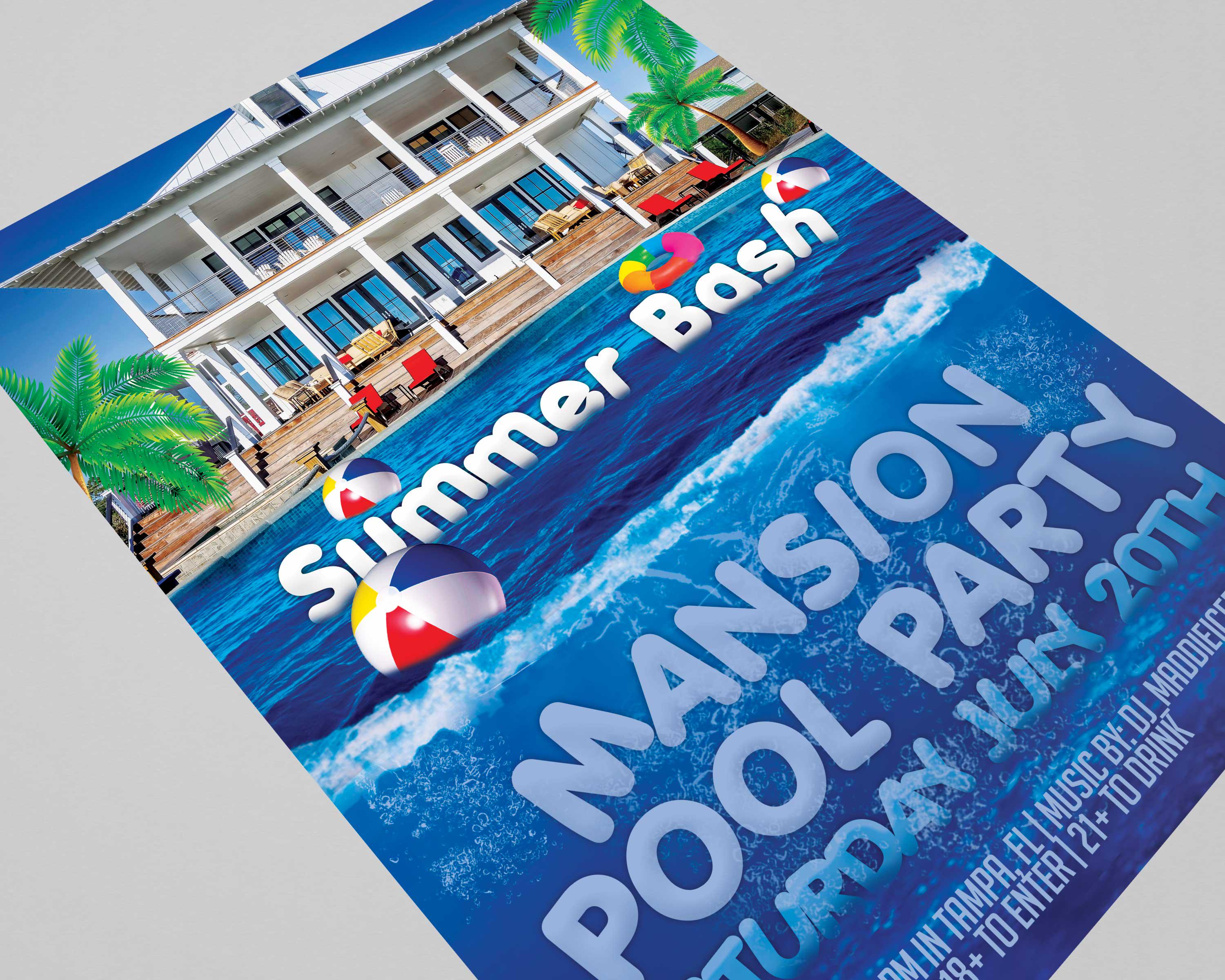 Mansion Pool Party Invitation, Summer Bash Mansion Flyer, House Pool ...