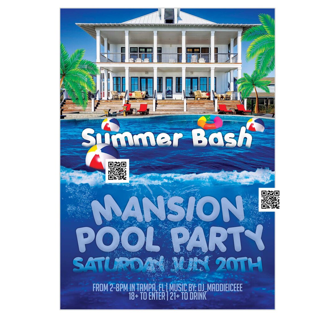 Mansion Pool Party Invitation, Summer Bash Mansion Flyer, House Pool ...
