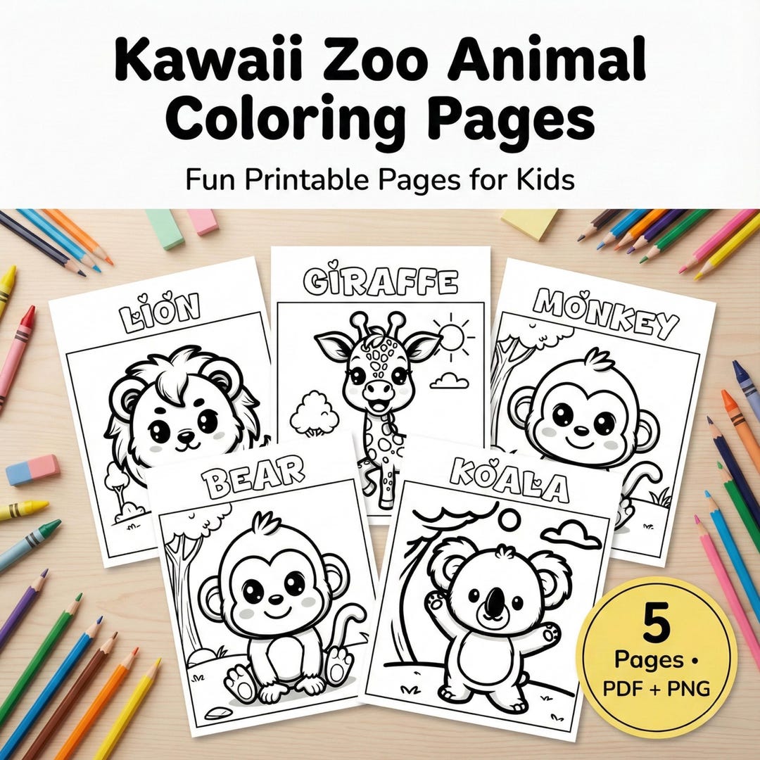 Kawaii Zoo Animal Coloring Pages for Kids - 5 Safari Printables PDF PNG ...