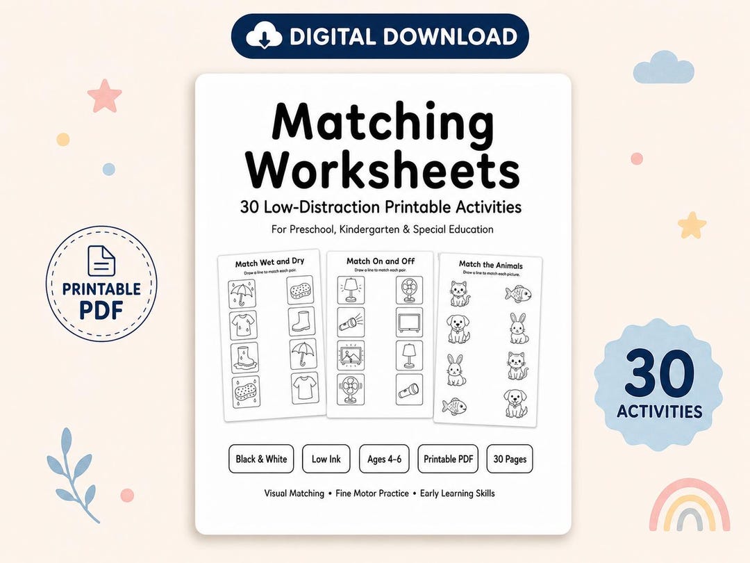 Matching Worksheets PDF With 30 Low-ink Visual Activities for Preschool ...