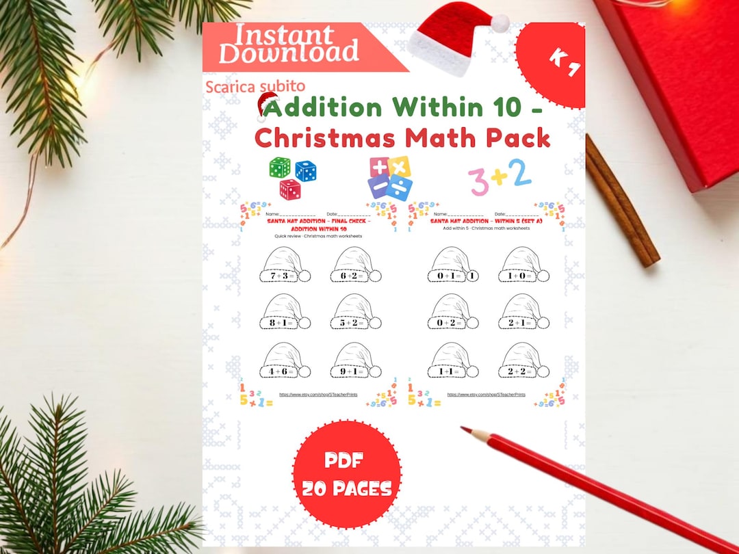 Addition Within 10 Christmas Math Pack – 20 Santa Hat Pages for Kids ...
