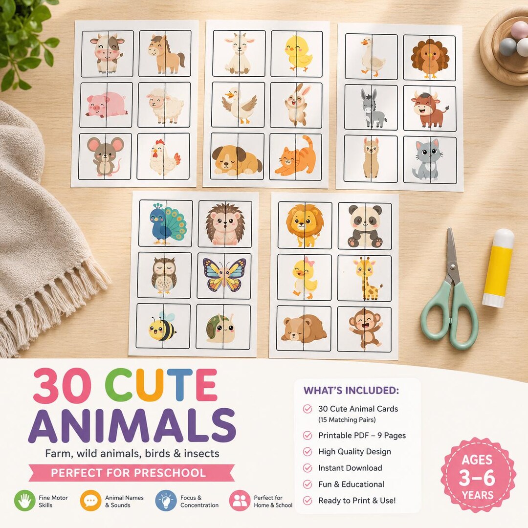 Animal Halves Matching Game Printable, Preschool Visual Discrimination ...