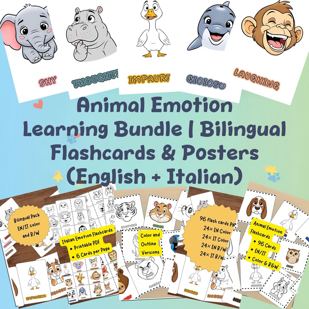 Bilingual English Italian Emotions Flashcards Bundle for Kids, SEL ...