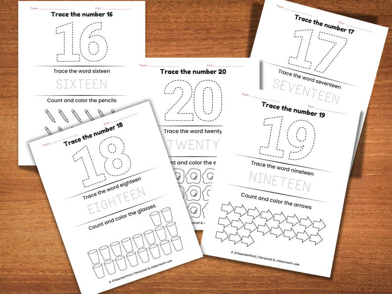 Number Tracing Worksheets 11-20, Trace and Count Numbers, Preschool ...