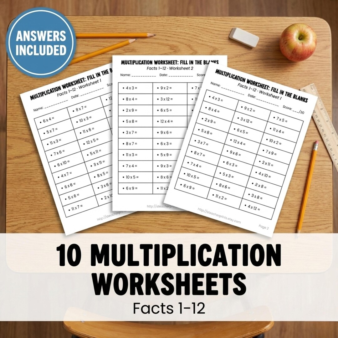 10 Multiplication Facts 1–12 Worksheets for 2nd–4th Grade Math Drills ...