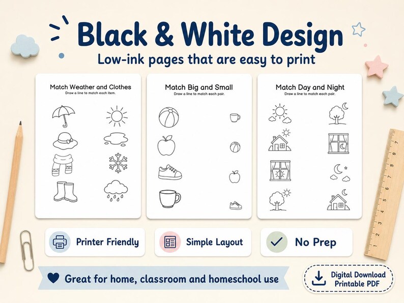 Matching Worksheets PDF With 30 Low-ink Visual Activities for Preschool ...