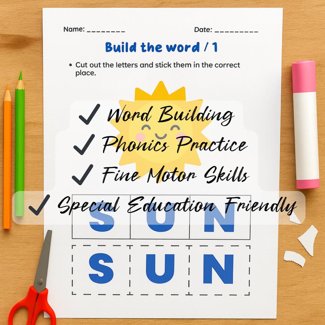 Word Building Worksheets, Cut and Paste Phonics Activities, Preschool ...
