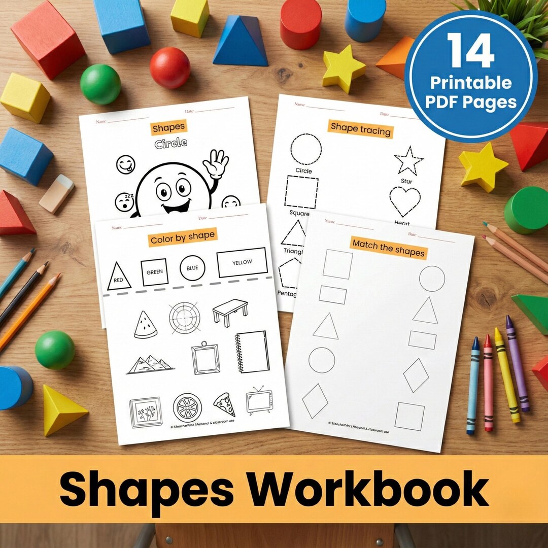 Preschool and Kindergarten Shapes Workbook: 14 Printable PDF Pages With ...