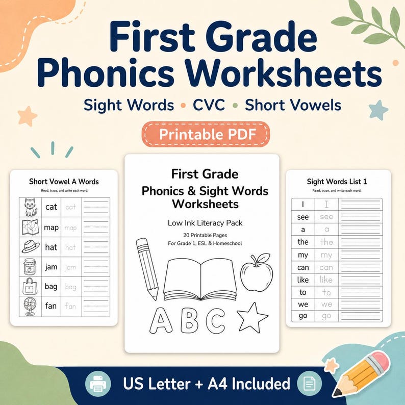 Phonics Worksheets for First Grade Sight Words and Sentence Writing ...