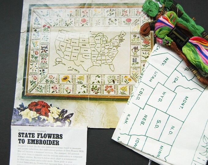 Vintage Embroidery Kit US Map State Flowers American Home Paragon - Etsy