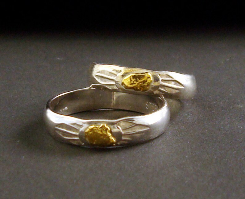 Wide Single Nugget Ring Sterling Silver and Natural Gold | Etsy